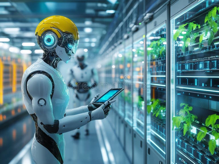 A Futuristic AI Data Center with a Humanoid Robot and an Engineer ...