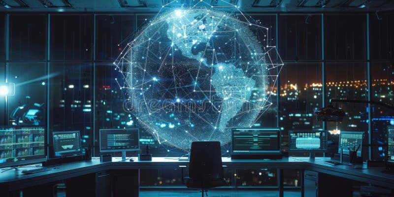 Futuristic AI Data Visualization Over Advanced Workstation. Banner with ...