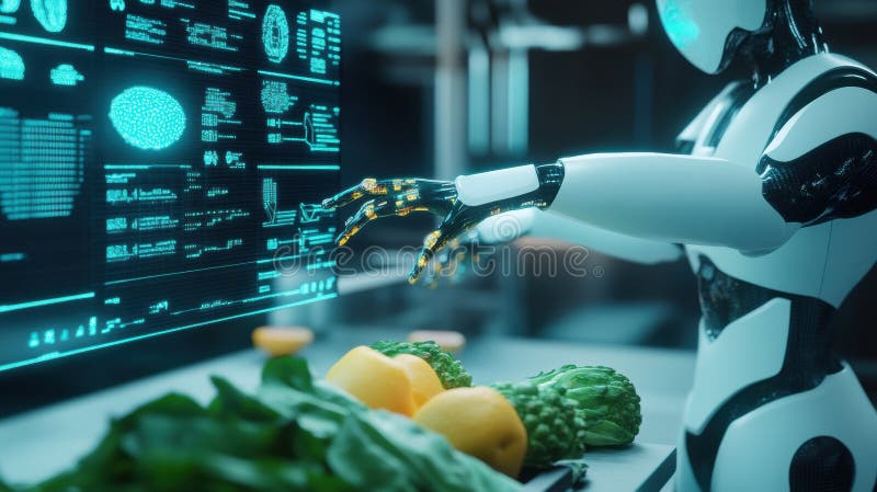 Futuristic AI Diet Assistant Robot Examining Fresh Organic Food in ...