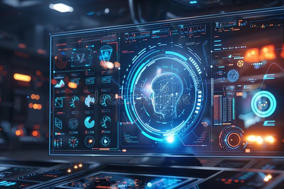 Futuristic AI Display Showing Visual of Digital Head Showing Complex ...