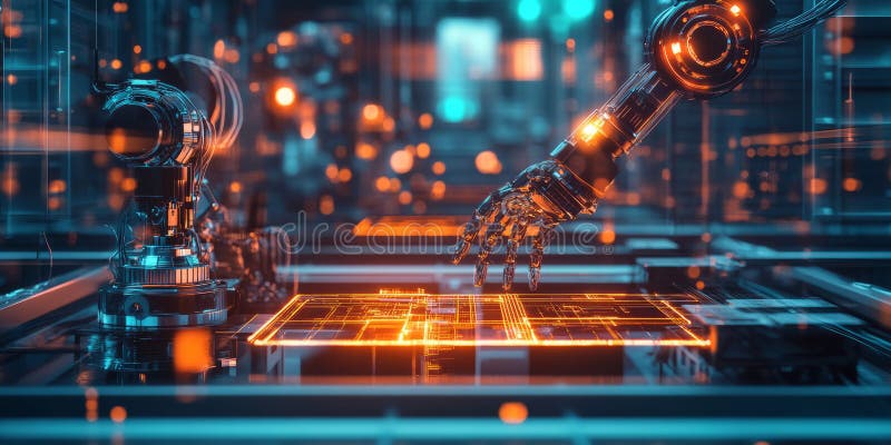 A Futuristic AI-driven Advanced Robotics Lab, Featuring Glowing Cybernetic Humanoid Prototypes ...