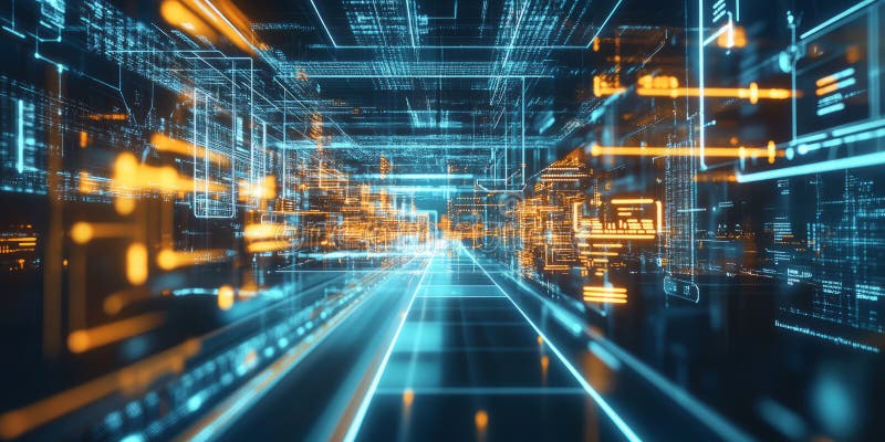 A Futuristic AI-driven Autonomous Supply Chain Management System, Displaying Glowing Cybernetic ...