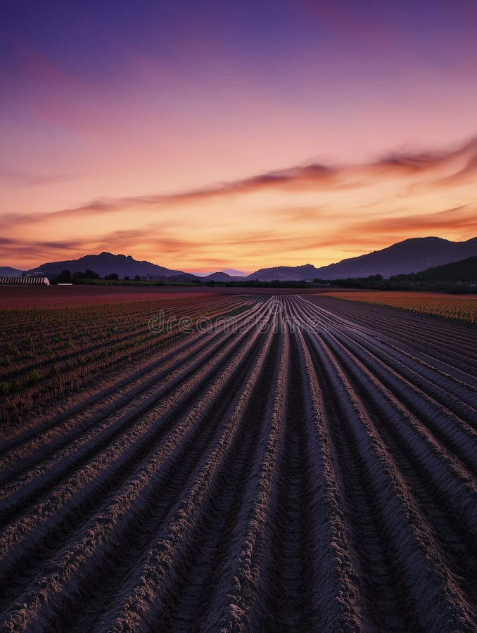 Futuristic AI-driven Farm Landscape Under a Vibrant Sunset Showcasing ...