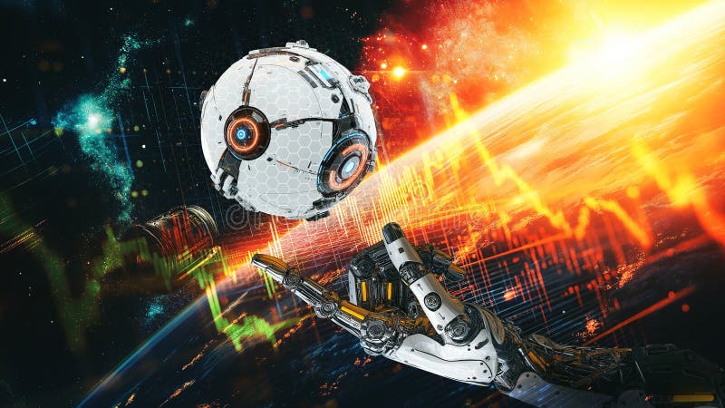 Futuristic AI Drone and Robotic Hand in Space Stock Photo - Image of ...