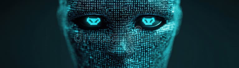 Futuristic AI Face with Glowing Binary Digital Mask Stock Photo - Image ...