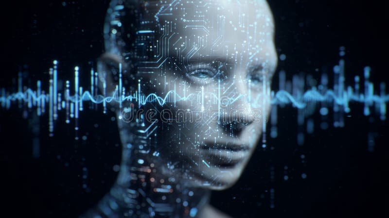 Futuristic AI Faces with Digital Data Streams Stock Illustration ...