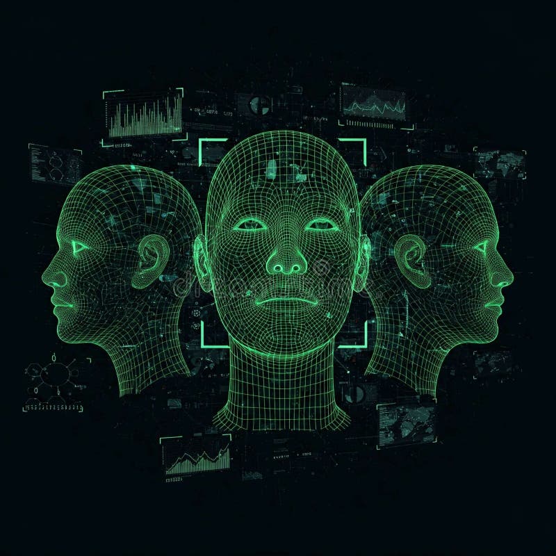Futuristic AI Faces with Digital Wireframe and Data Interface Stock ...
