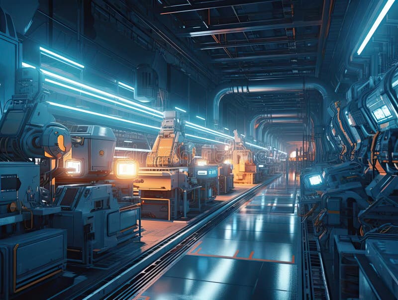 Futuristic AI Facility Robots Assembling Under Fluo Stock Illustration ...
