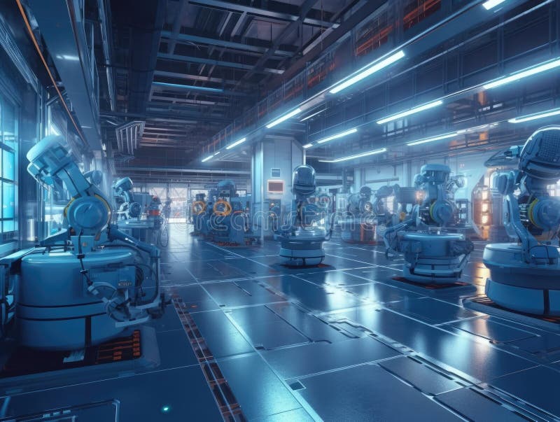 Futuristic AI Facility Robots Assembling Under Fluo Stock Illustration ...