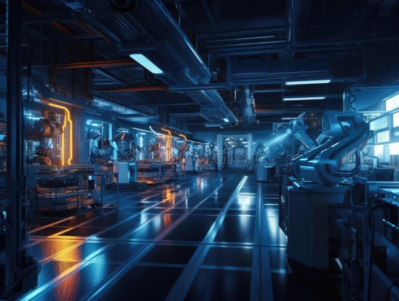 Futuristic AI Facility Robots Assembling Under Fluo Stock Illustration ...
