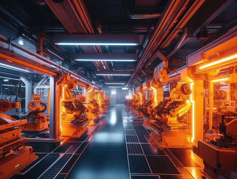 Futuristic AI Facility Robots Assembling Under Fluo Stock Illustration ...