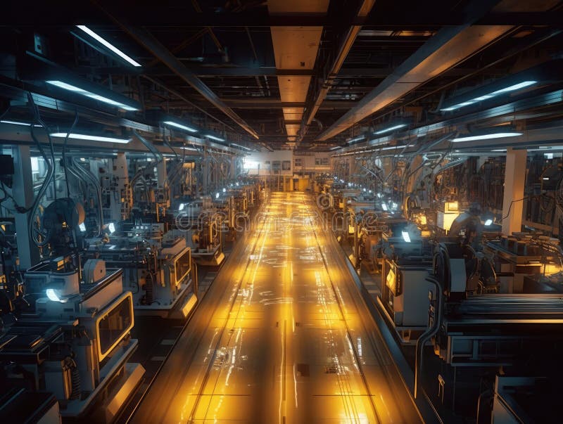 Futuristic AI Facility Robots Assembling Under Fluo Stock Illustration ...