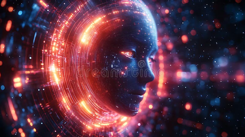 Futuristic AI Female Face with Glowing Digital Rings Stock Illustration ...