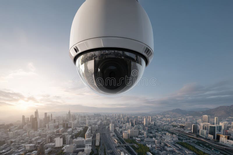 Futuristic AI Generated Security Camera Overlooking Modern City Skyline ...
