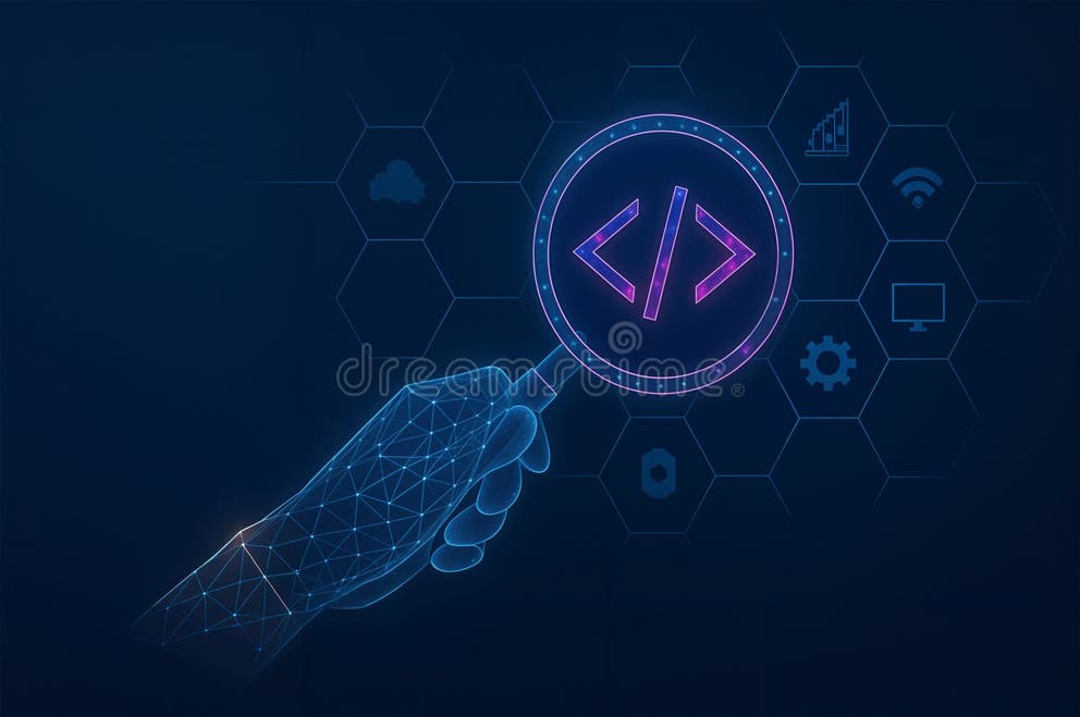 AI Hand Inspecting Code with Magnifying Glass - Software Development Concept Stock Illustration ...