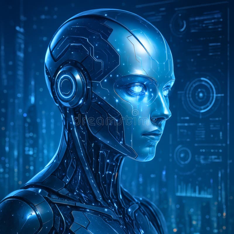 Futuristic AI Head Advanced Neural Interface Design in Tech Metropolis Stock Illustration ...