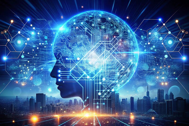 Futuristic AI Head, Digital Brain, Global Network, City Skyline Stock ...