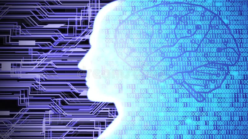 Futuristic AI/Human Head Silhouette with Digital Brain Computing and Learning Circuit Board and ...