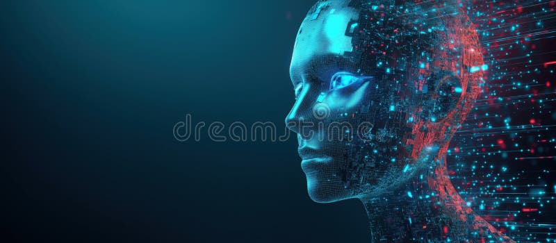 Futuristic AI Humanoid Face with Digital Data Streams Stock Photo ...