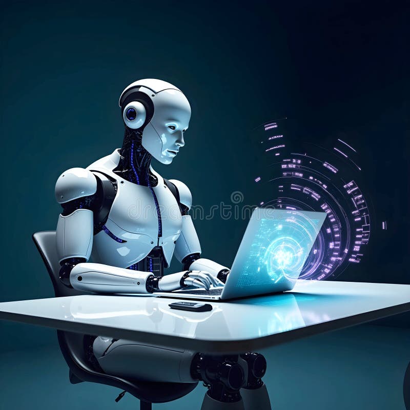 Futuristic AI Humanoid Robot Working on a Laptop with Digital Data Flow ...