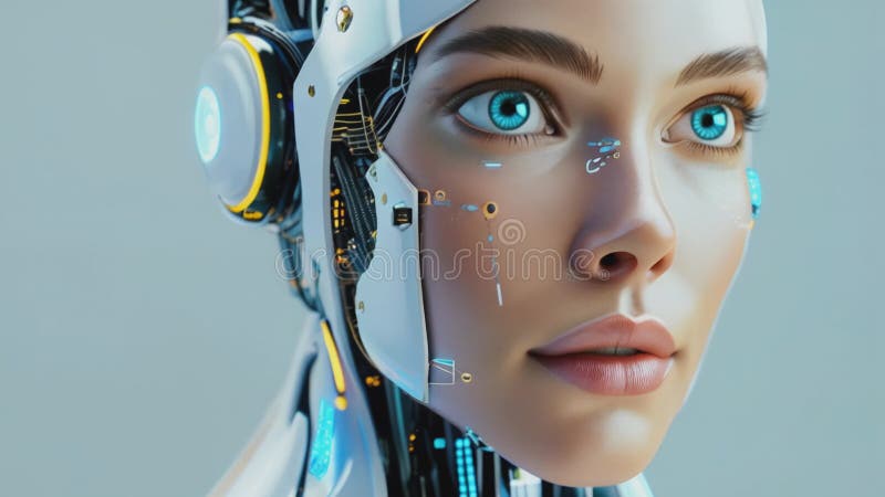 Futuristic AI Humanoid Woman Cyborg with Digital Interface Overlay, Symbolizing Advanced ...