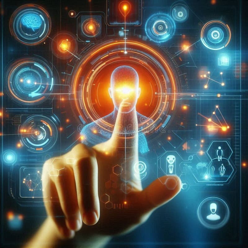 Futuristic AI Interaction: Glowing Human Head and Holographic Displays ...