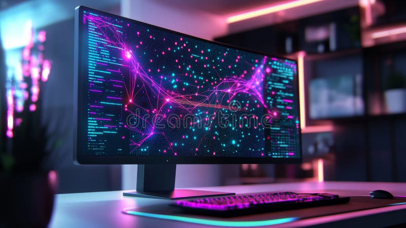 Futuristic AI Interface with Neon Network and Code on Large Monitor ...
