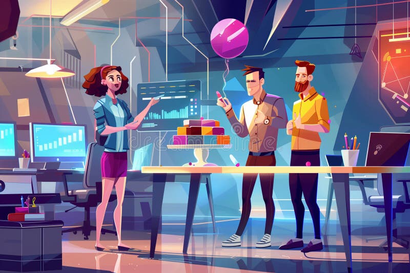 Futuristic AI Interfaces People Birthday Celebrations in Office ... Futuristic AI Interfaces People Birthday Celebrations in Office ...
