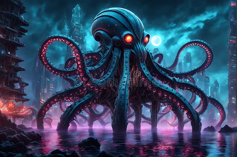 Futuristic AI Kraken: Robot Tentacles with Advanced Technology, Central ...
