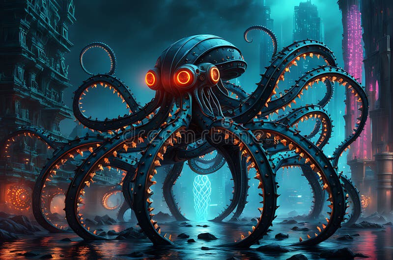 Futuristic AI Kraken: Robot Tentacles with Advanced Technology, Central ...