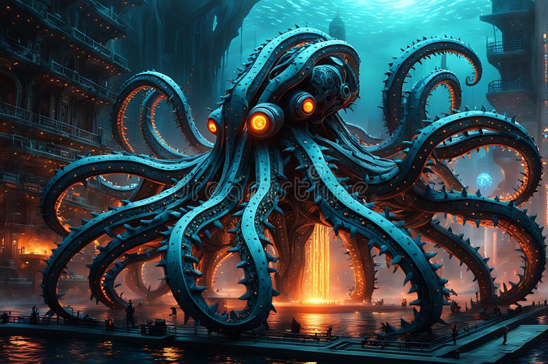 Futuristic AI Kraken: Robot Tentacles with Advanced Technology, Central ...