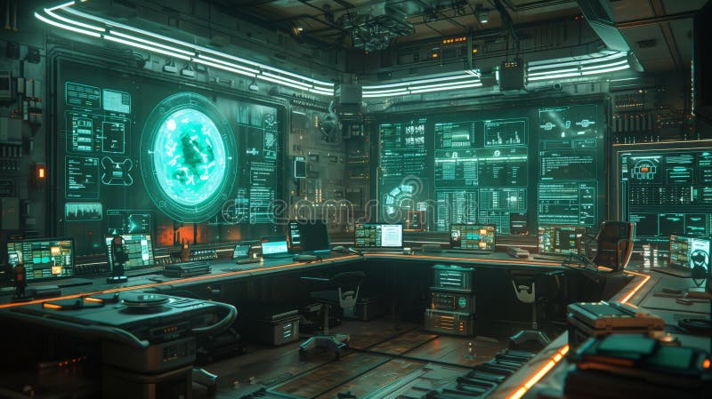 Futuristic AI Lab Interior stock illustration. Illustration of computer ...