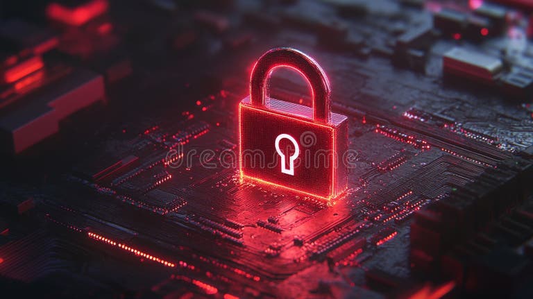 A Futuristic AI Lock Symbol Illuminated in Neon Red, Displayed on a ...