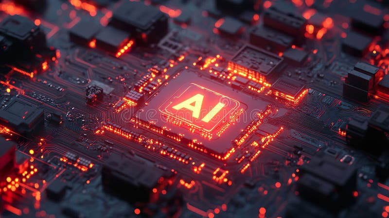 Futuristic AI Microchip Glowing Red on Circuit Board Stock Image ...