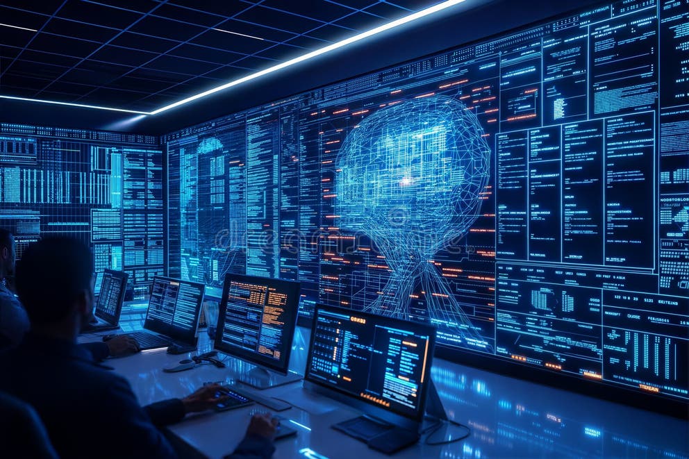 Futuristic AI Operations Center with Coders Analyzing Massive Neural ...
