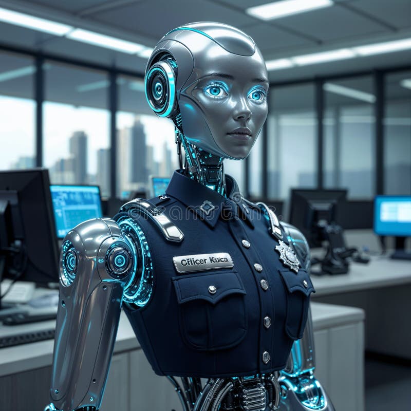 Futuristic AI Police Robot in Uniform at High-Tech Police Station ...