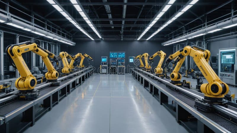 A Futuristic AI-powered Factory with Robotic Arms and Conveyor Belts Assembling Advanced ...