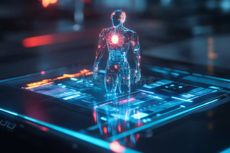 A Futuristic AI-powered Holographic Assistant, Composed of Glowing Cybernetic Energy, Floating ...