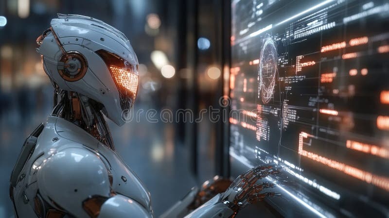 A Futuristic AI-powered Humanoid Robot Interacting with a Holographic ...