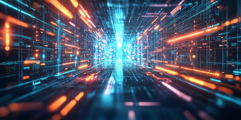 A Futuristic AI-powered Ultra-fast Computing Network, Featuring Glowing Cybernetic Quantum Data ...