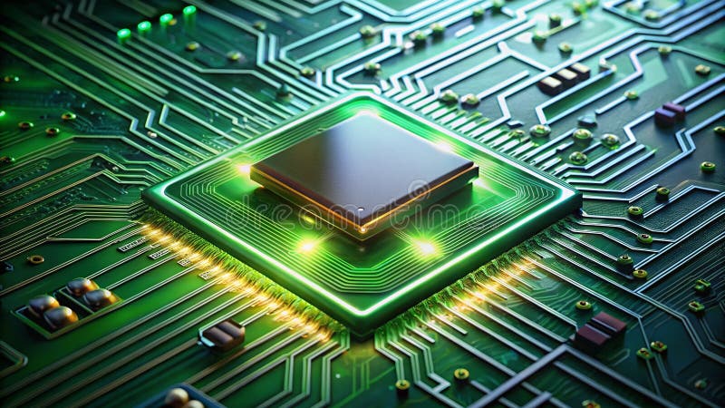 Futuristic AI Processing Advanced Microchip Embedded on a Modern Green ...