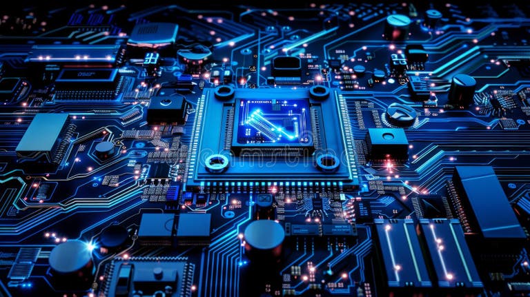 Futuristic AI Processor: Blue Circuit Board Technology Background, CPU Innovation, Quantum ...