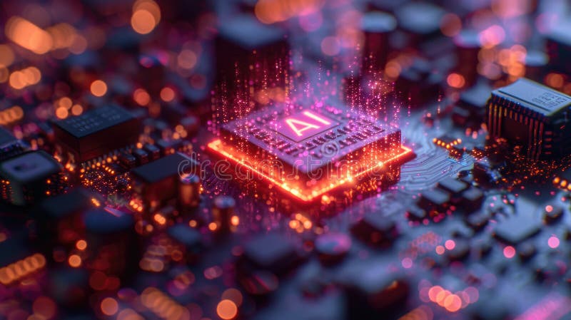 Futuristic AI Processor on Circuit Board, Neon Glowing Core of ...
