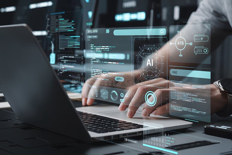 Futuristic AI Programmer Working on Laptop Digital Interface Modern Technology Development ...