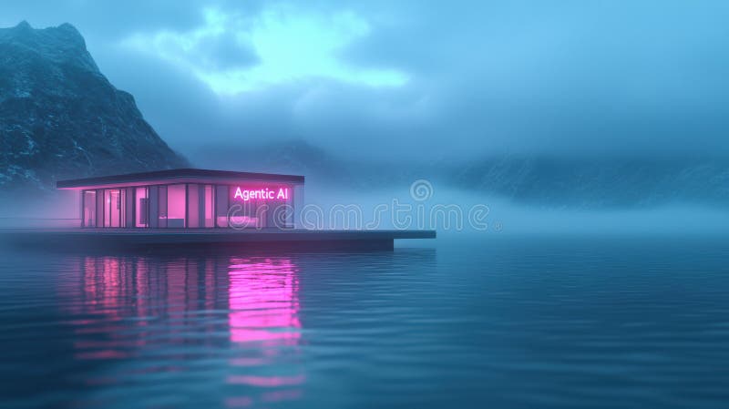 Futuristic AI Research Facility on Floating Platform in Misty Lake ...