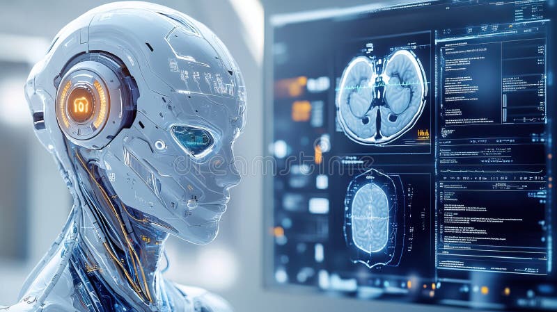 Futuristic Ai Robot Analyzing Brain Data on Advanced Digital Interface ... Futuristic Ai Robot Analyzing Brain Data on Advanced Digital Interface ...