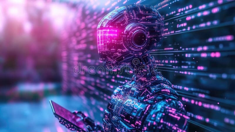 Futuristic Ai Robot Analyzing Digital Data in a Neon Cyber Environment ... Futuristic Ai Robot Analyzing Digital Data in a Neon Cyber Environment ...
