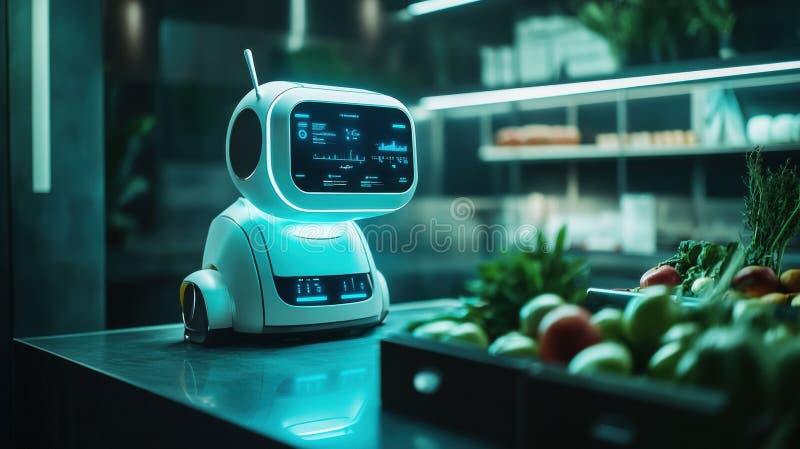 Futuristic AI Robot Assistant Scans Fresh Organic Food in Modern ...
