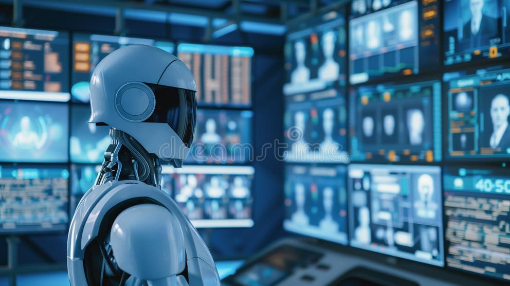Futuristic AI Robot in Control Room Monitors Data on Multiple Screens ...