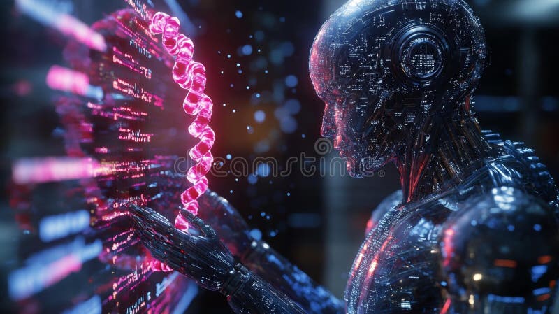 Futuristic AI Robot with DNA Strand Generative AI Stock Illustration ...